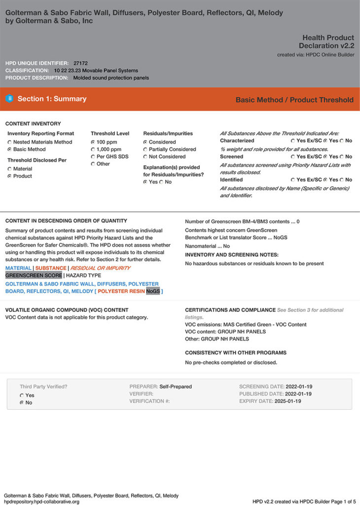 HPD - Health Product Declaration - G&S Acoustics