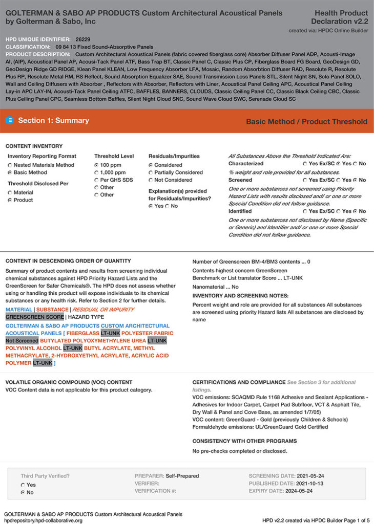 HPD - Health Product Declaration - G&S Acoustics