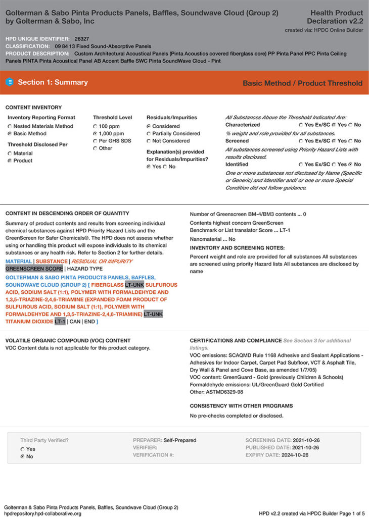 HPD - Health Product Declaration - G&S Acoustics