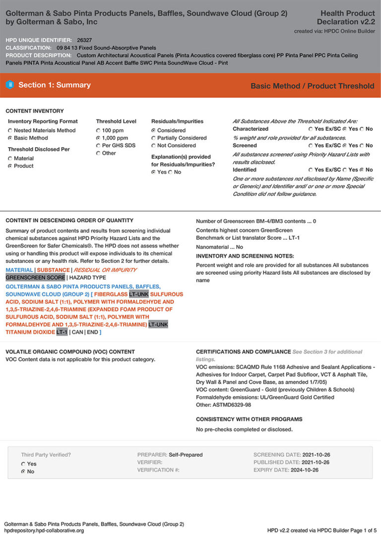 HPD - Health Product Declaration - G&S Acoustics